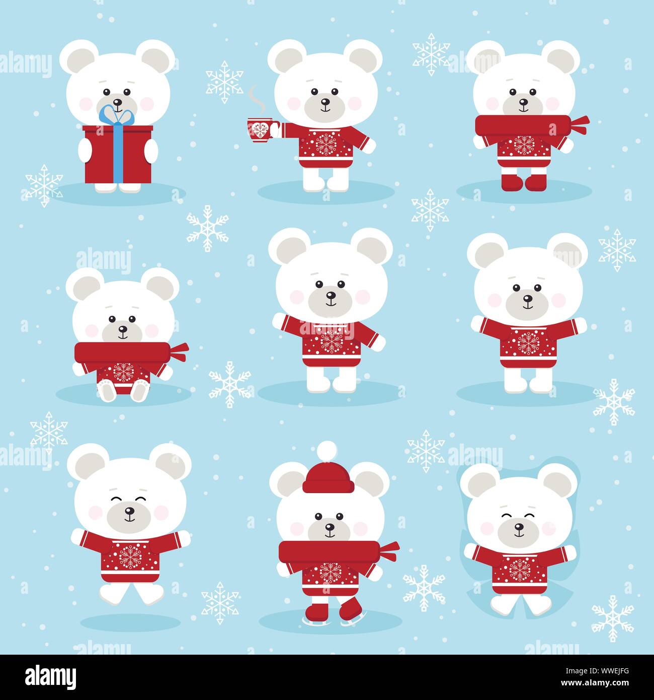 Set of cute christmas polar bear in red sweater in different poses ...