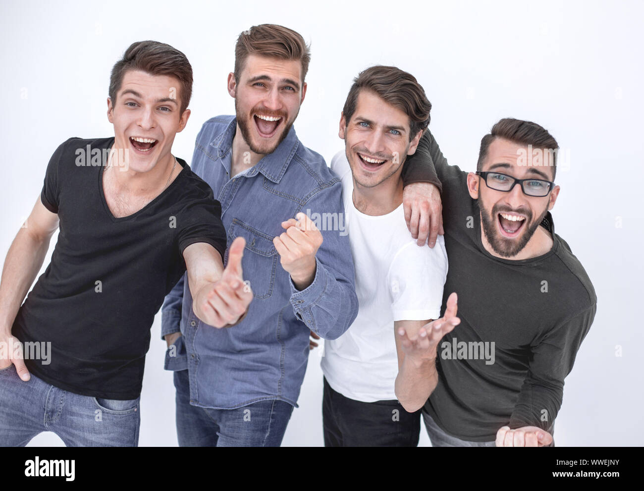 casual men pointing at camera on white background Stock Photo - Alamy