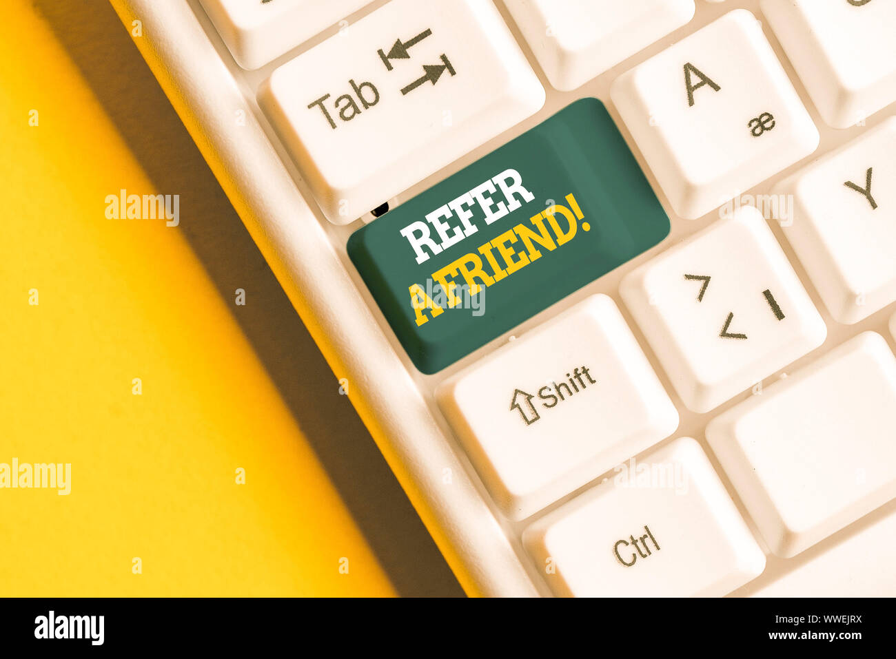 Conceptual hand writing showing Refer A Friend. Concept meaning direct ...