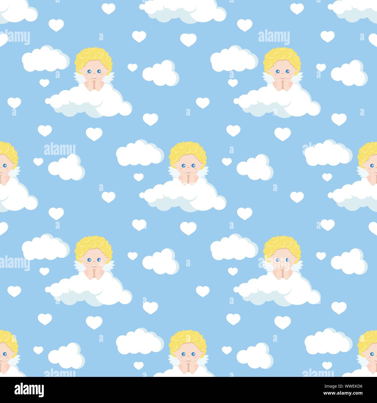 Vector romantic seamless pattern with cute cupid dreaming on white ...