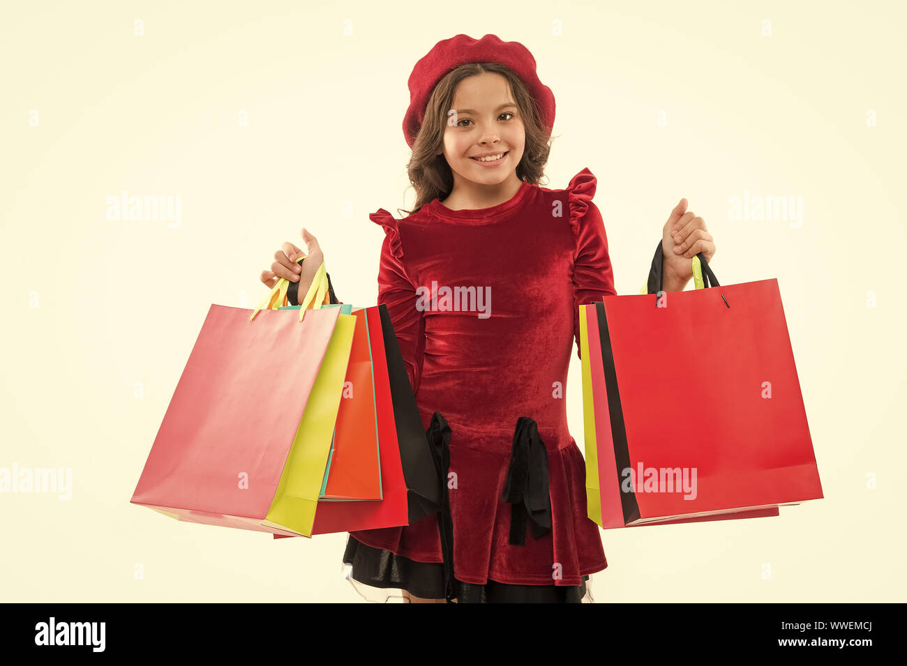 Signs you are addicted to shopping. Kid cute little girl hold bunch ...