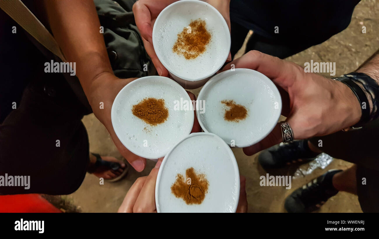 Top view of hands toasting with typical Peruvian drink: Pisco Sour ...