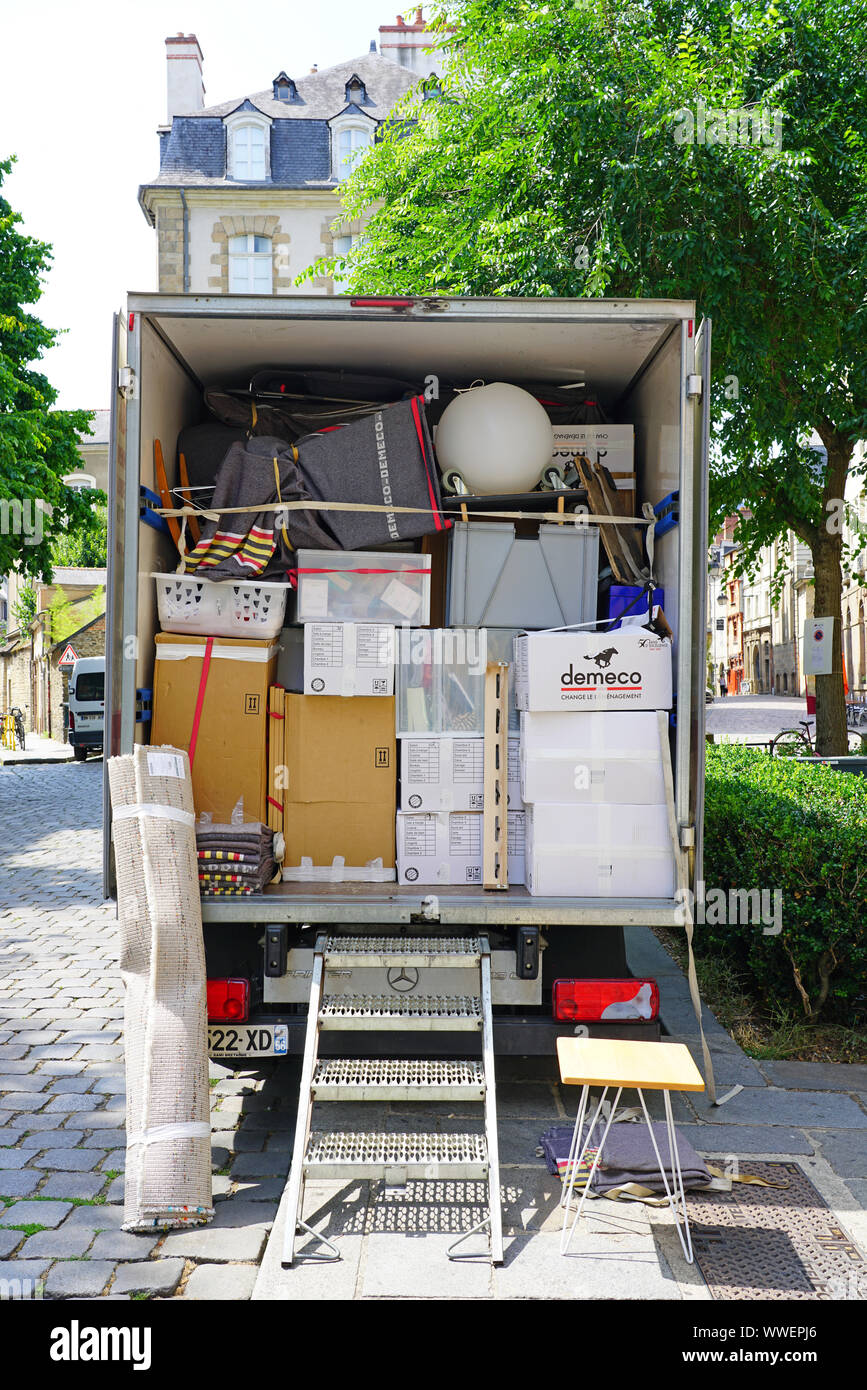 RENNES, FRANCE -23 JUL 2019- View of a Demeco moving truck packed with ...