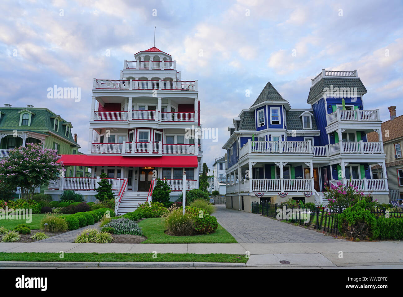 CAPE MAY, NJ -8 SEP 2019- View of colorful historic Victorian houses in ...