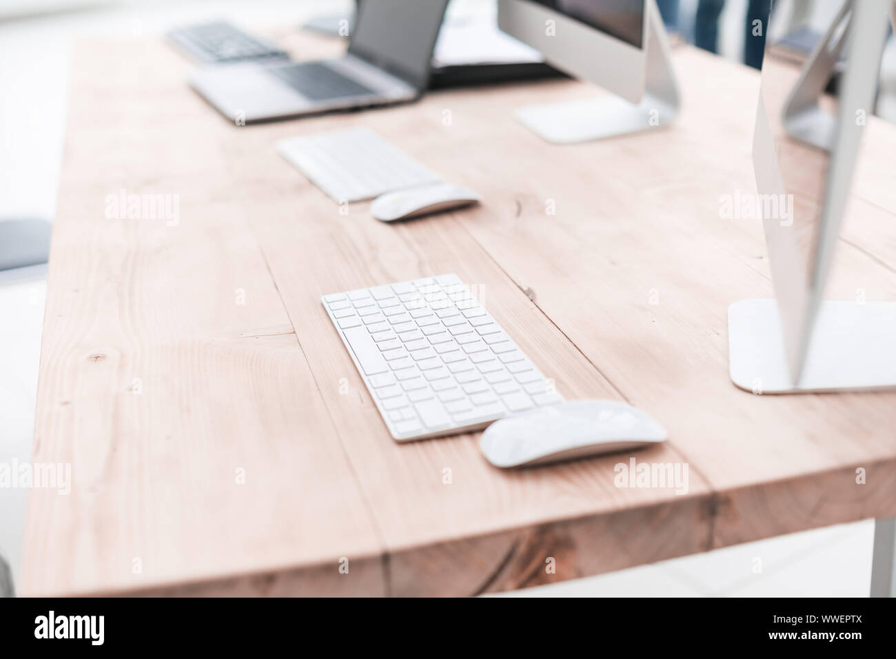 background image of computer and laptop on office Desk Stock Photo - Alamy