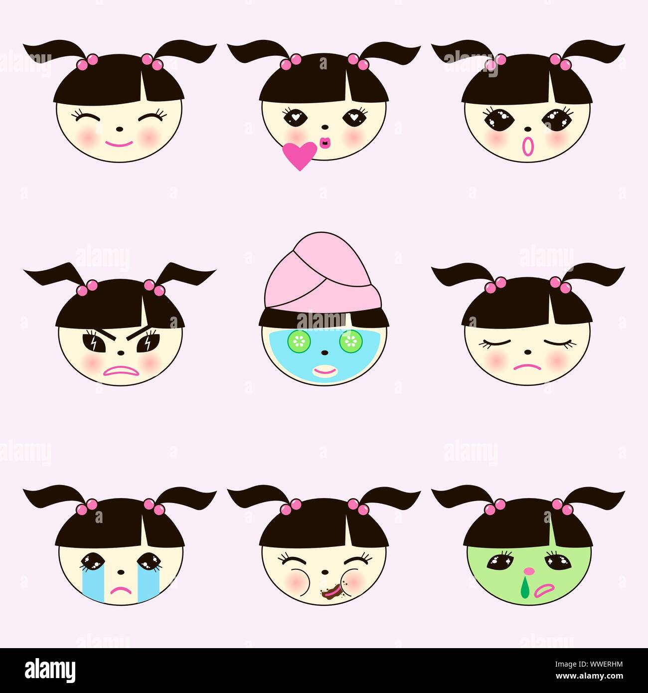 Emoji cute collection. Set of cartoon girl emotion faces. Isolated ...