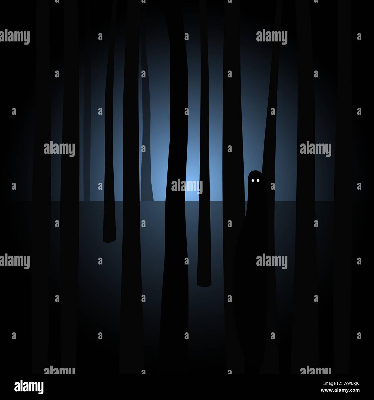 Creepy silhouette with eyes in spooky dark forest. Vector illustration ...