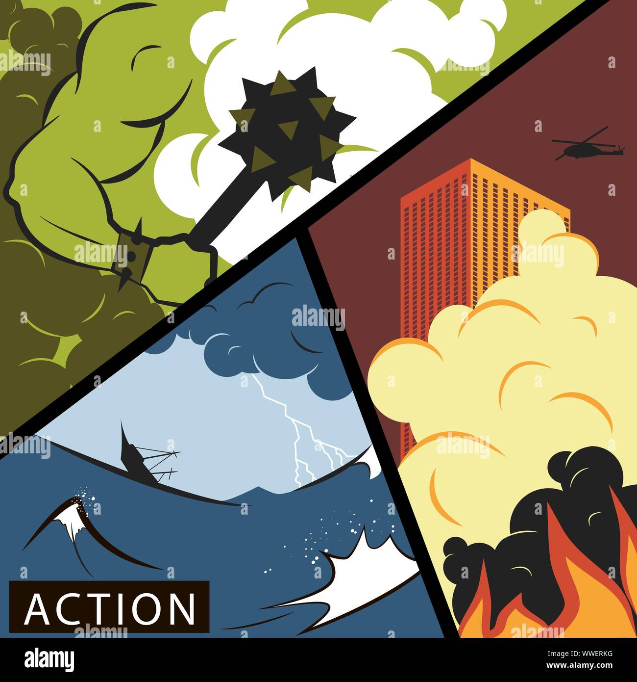 Comic wars. Action movie poster concept. Vector illustration in flat ...