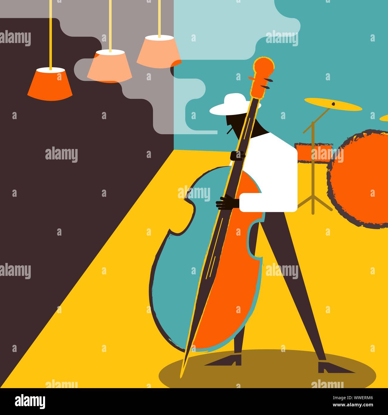 Contrabass musician. Jazz music performance poster template. Vector ...