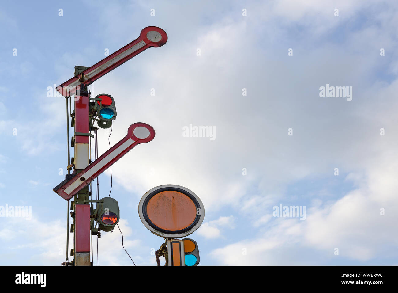 Railroad signal against the blue sky with clouds, copy space Stock ...