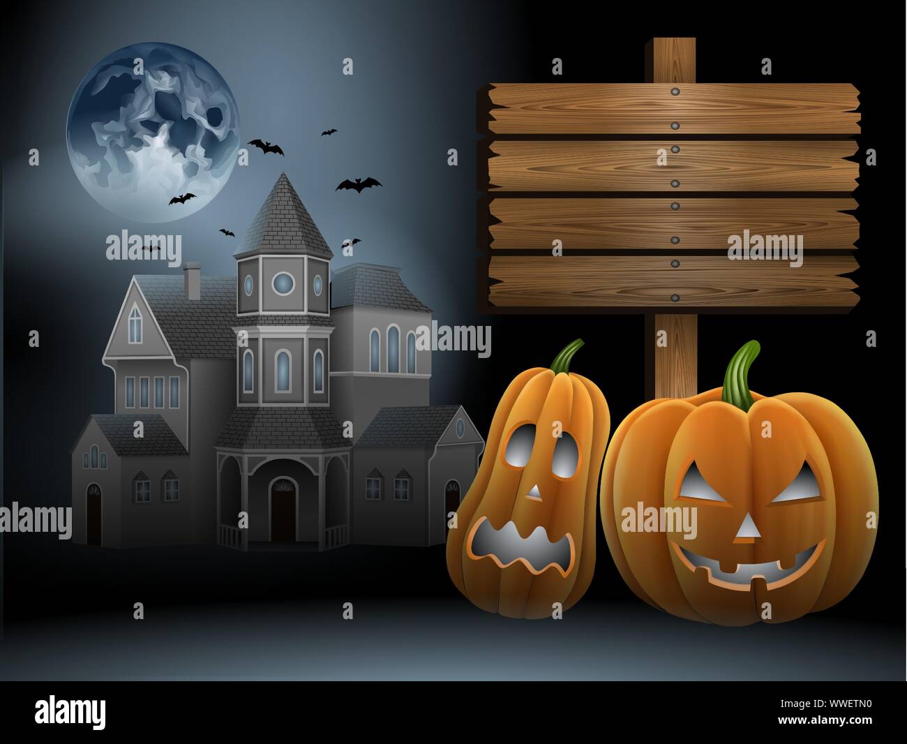 halloween background with pumpkins, haunted house and full moon Stock ...