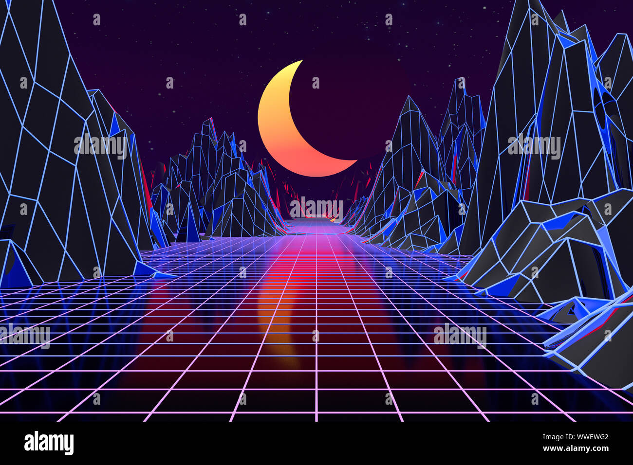 3d background Illustration Inspired by 80's Scene synthwave and retrowave. Computer digital ...