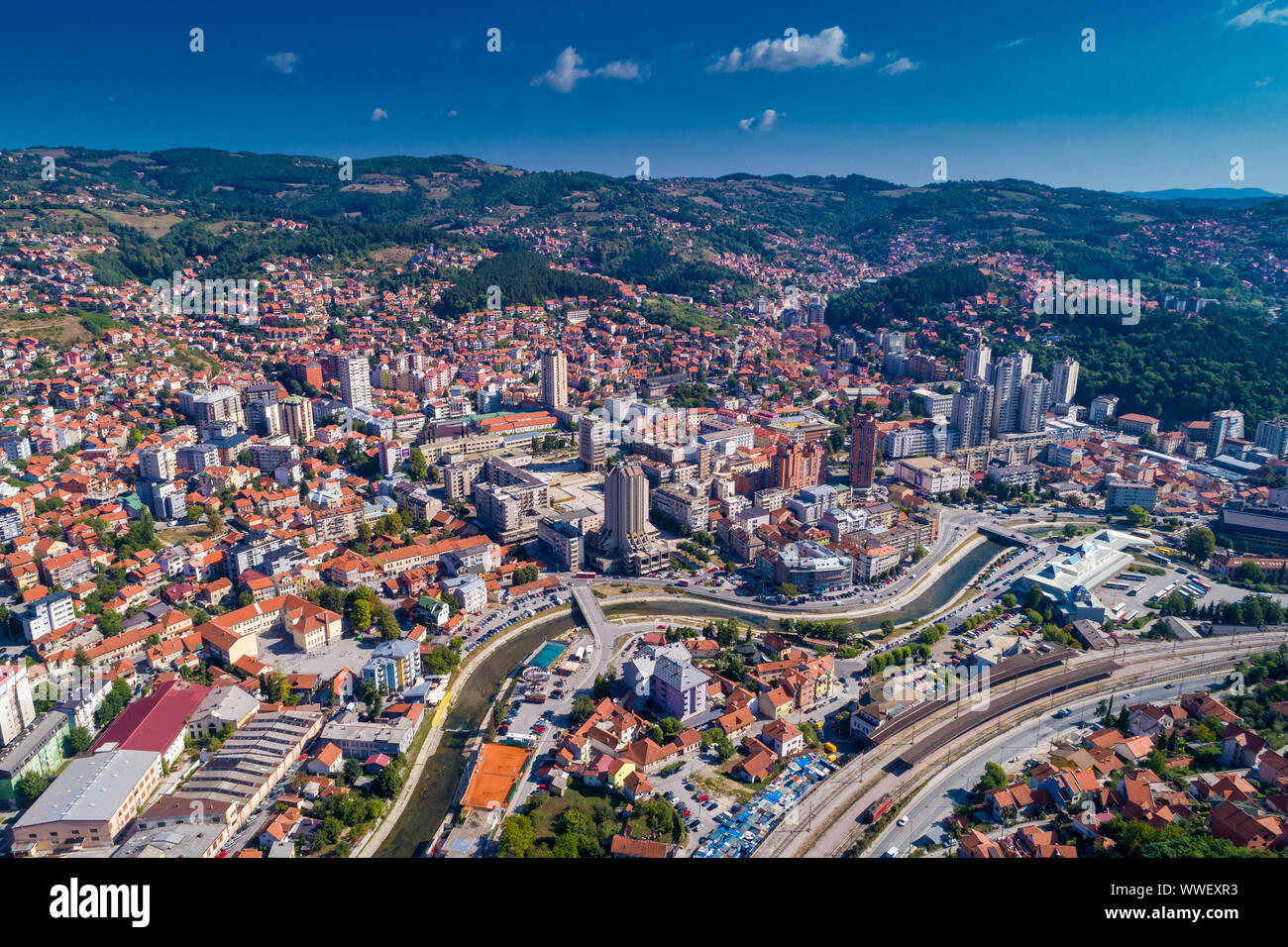 Aerial drone view of city Uzice, town in Serbia, Balkans, Europe Stock ...