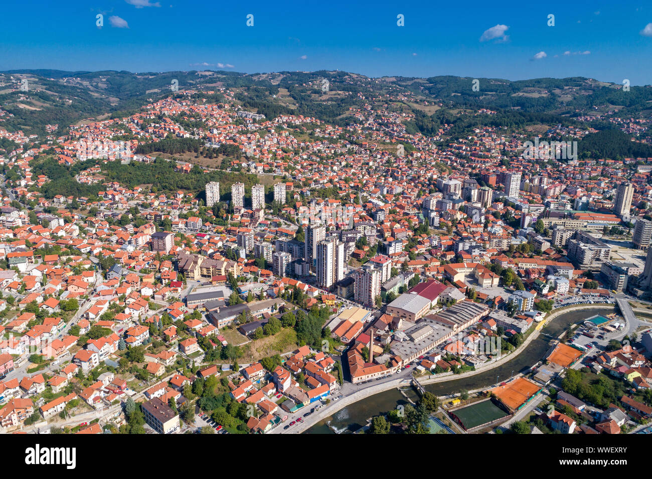 Aerial drone view of city Uzice, town in Serbia, Balkans, Europe Stock ...