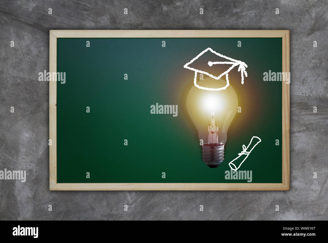 Education concept, knowledge management, light bulb on blackboard ...