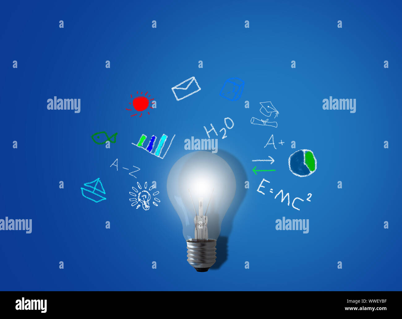 Knowledge management, education concept, light bulb on blue background ...