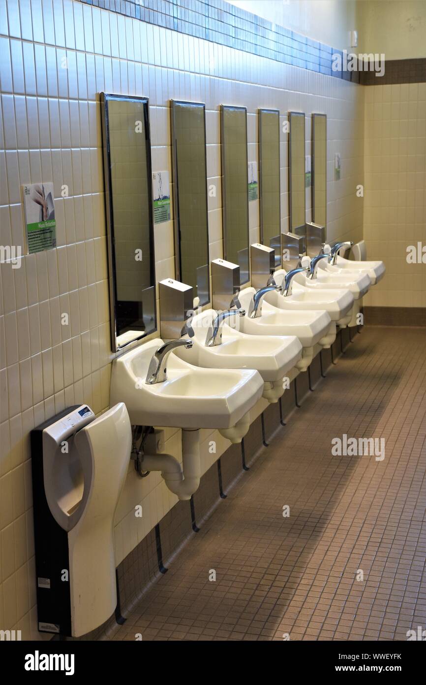 Clean restroom for washing hands as one travels in public during the ...