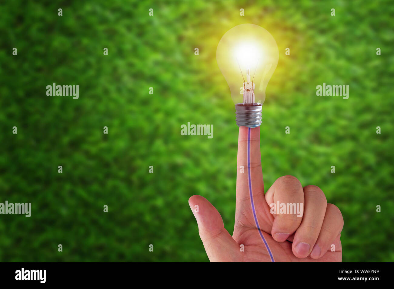 Green energy concept, hand and light bulb on grass background, nature ...