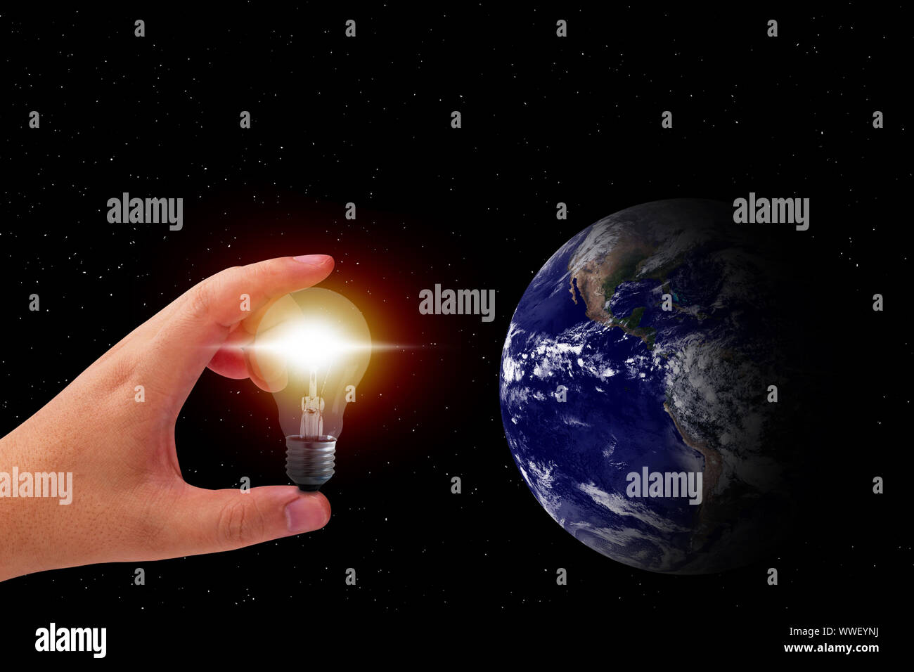 Energy concept, hand and light bulb on space background, nature and ...