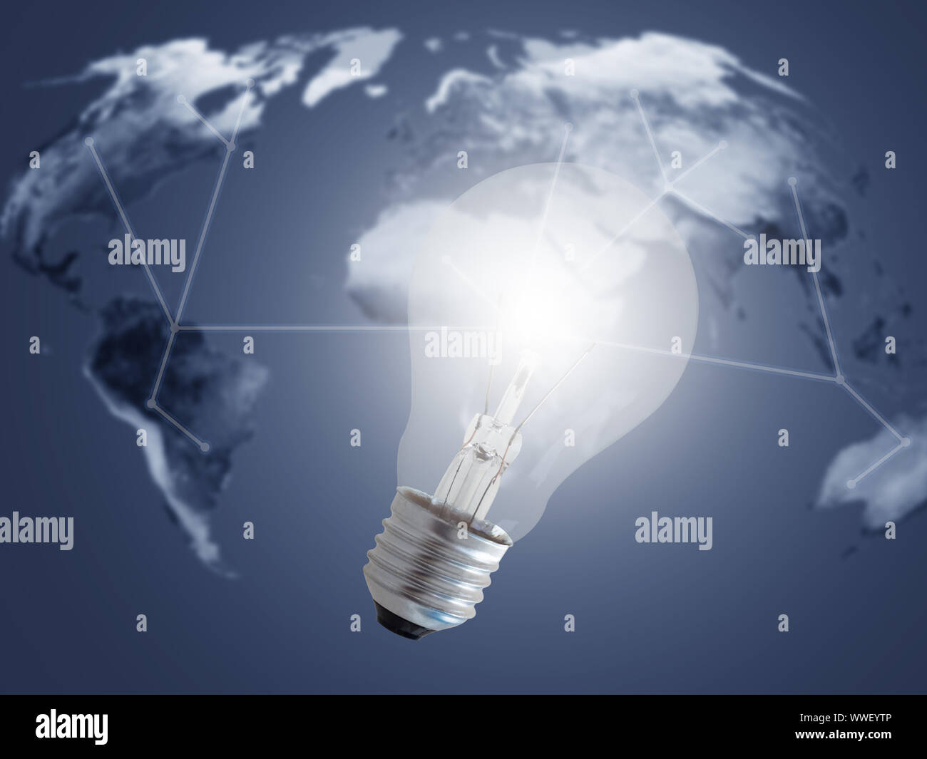 Energy concept, world map and light bulb on blue background, Elements ...