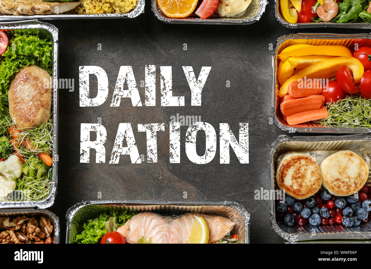 Containers with delicious food and text DAILY RATION on grey background ...