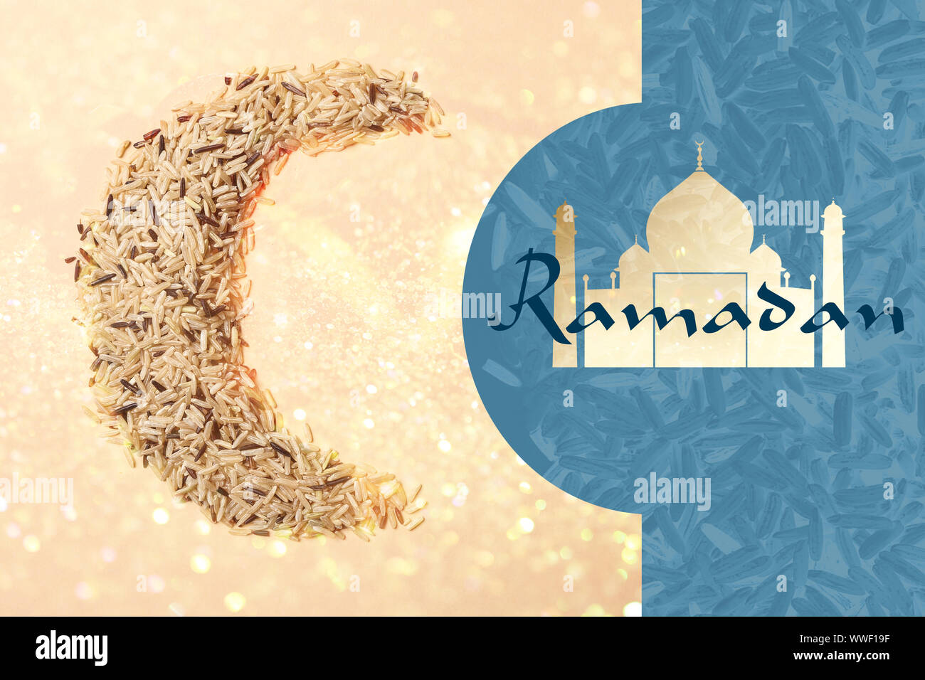 Half-moon made of rice as symbol of Islam and word RAMADAN on color ...
