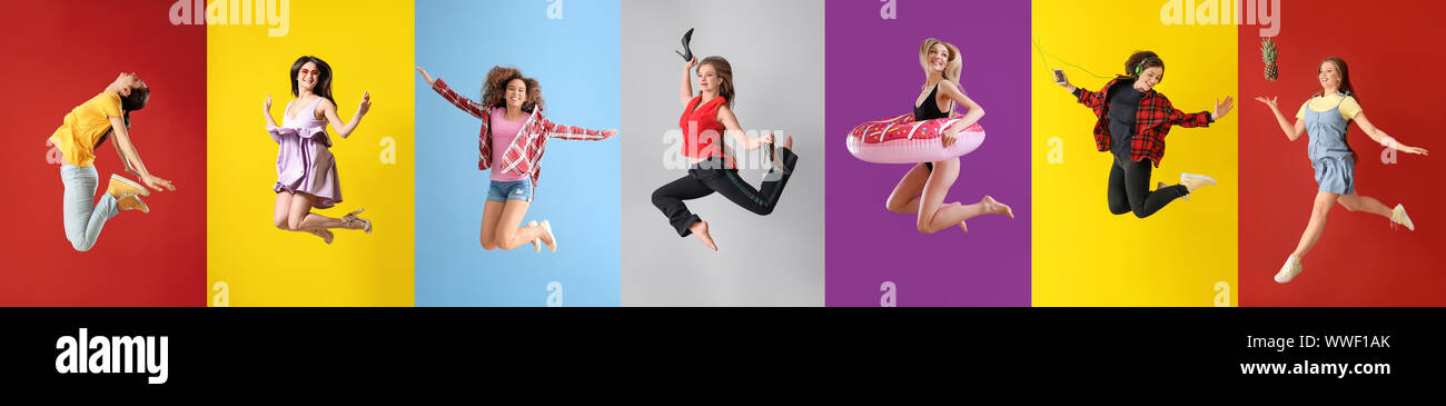 Different jumping women on color background Stock Photo - Alamy