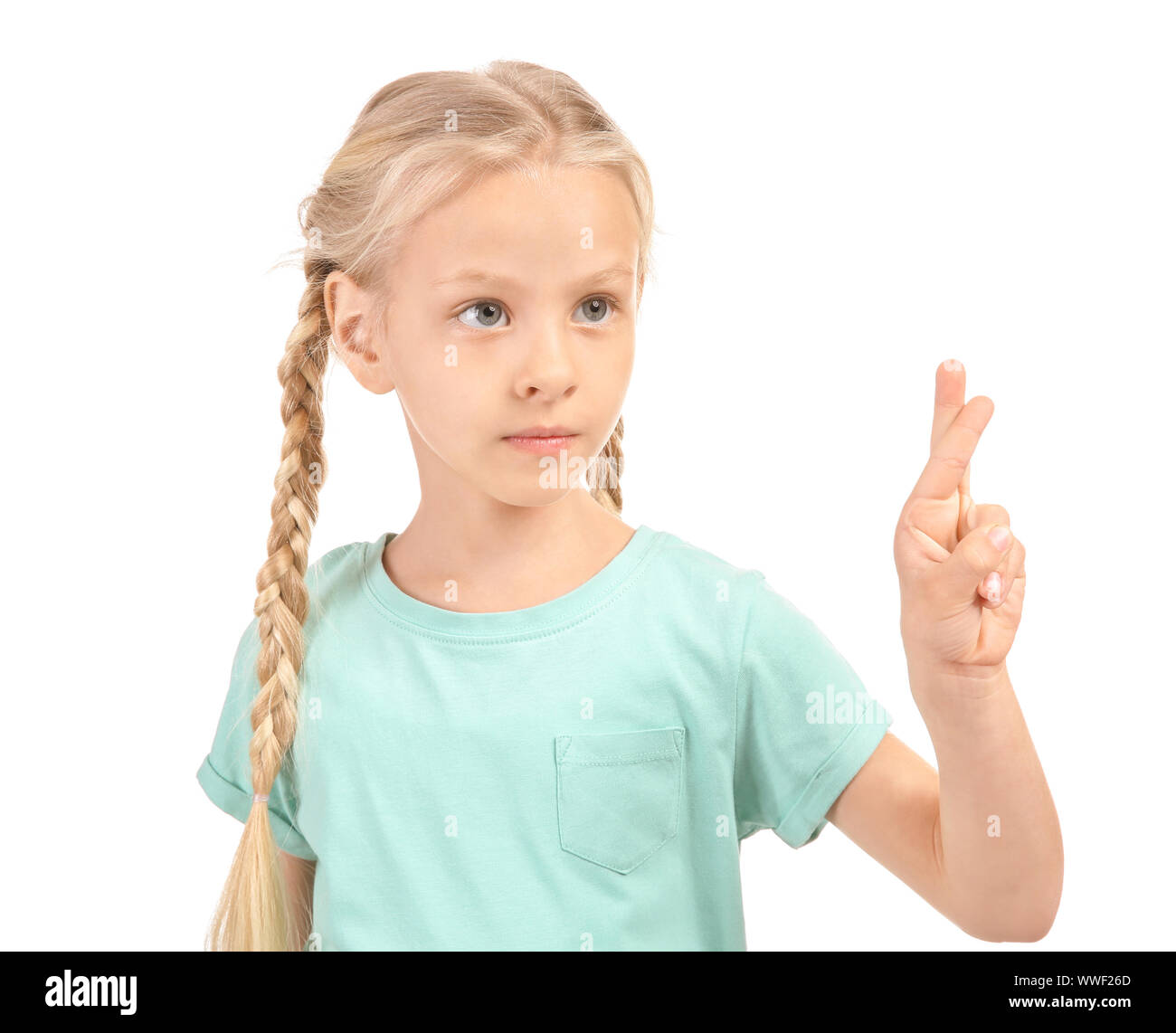 Little deaf mute girl using sign language on white background Stock ...