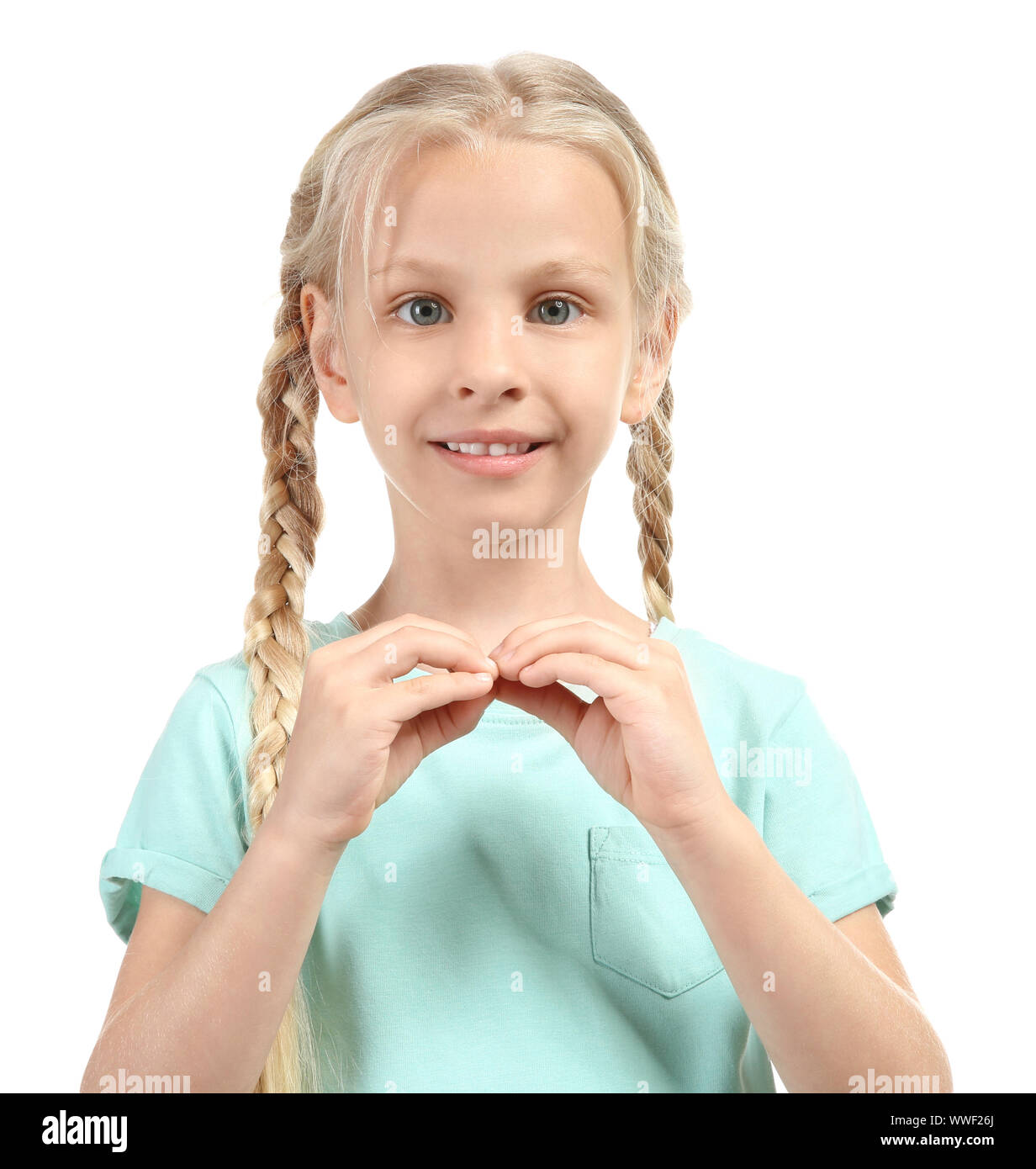 Little deaf mute girl using sign language on white background Stock ...