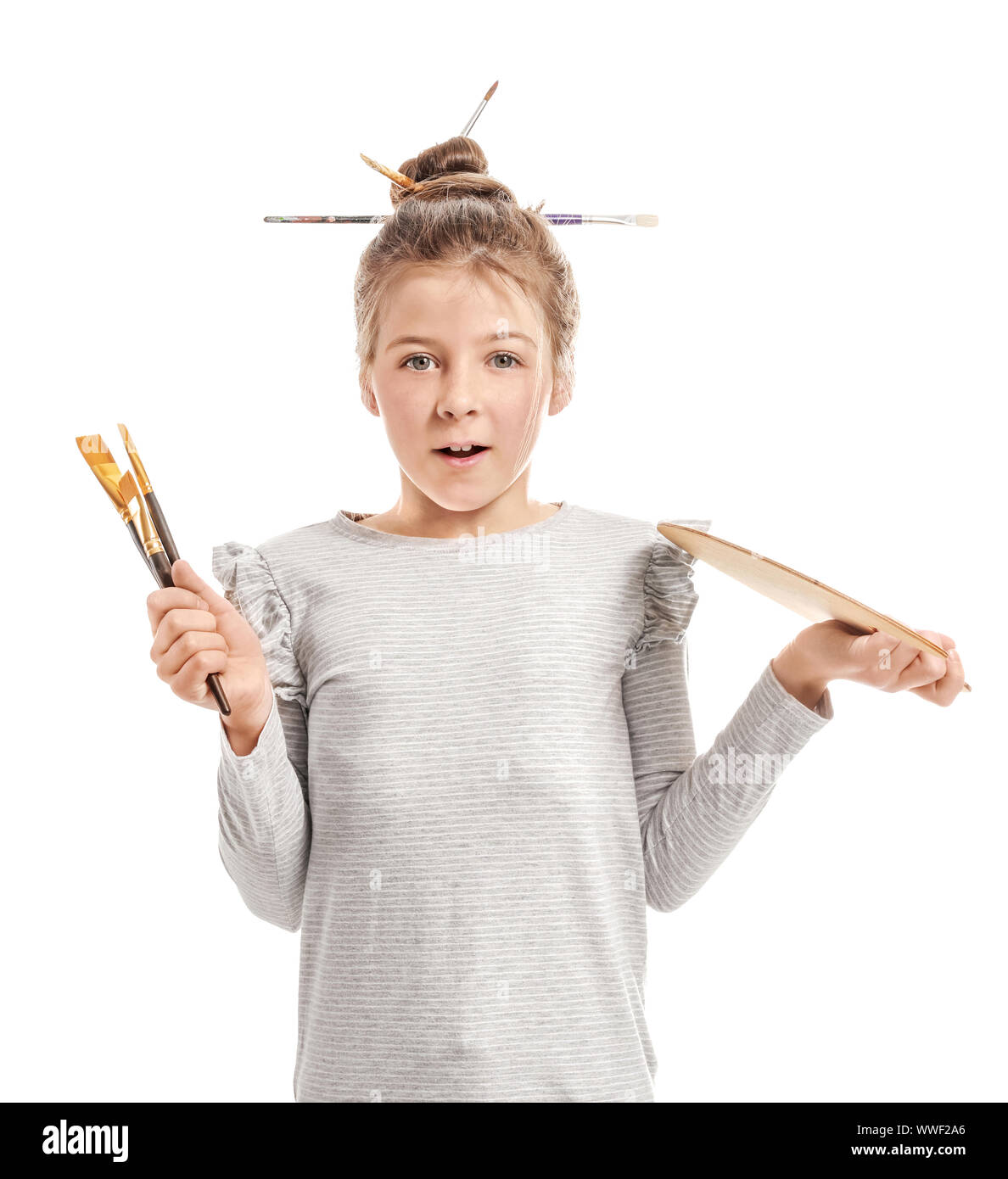 Cute little artist on white background Stock Photo - Alamy