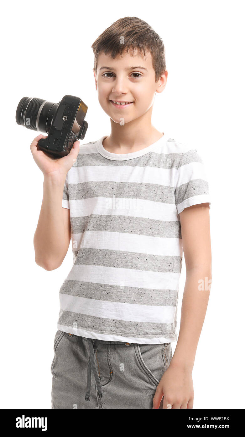 Cute little photographer on white background Stock Photo - Alamy