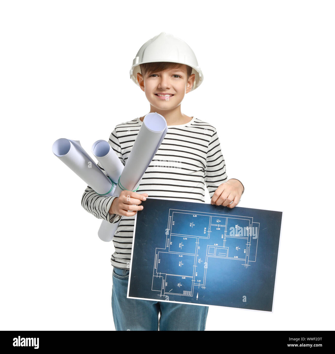 Cute little architect on white background Stock Photo - Alamy