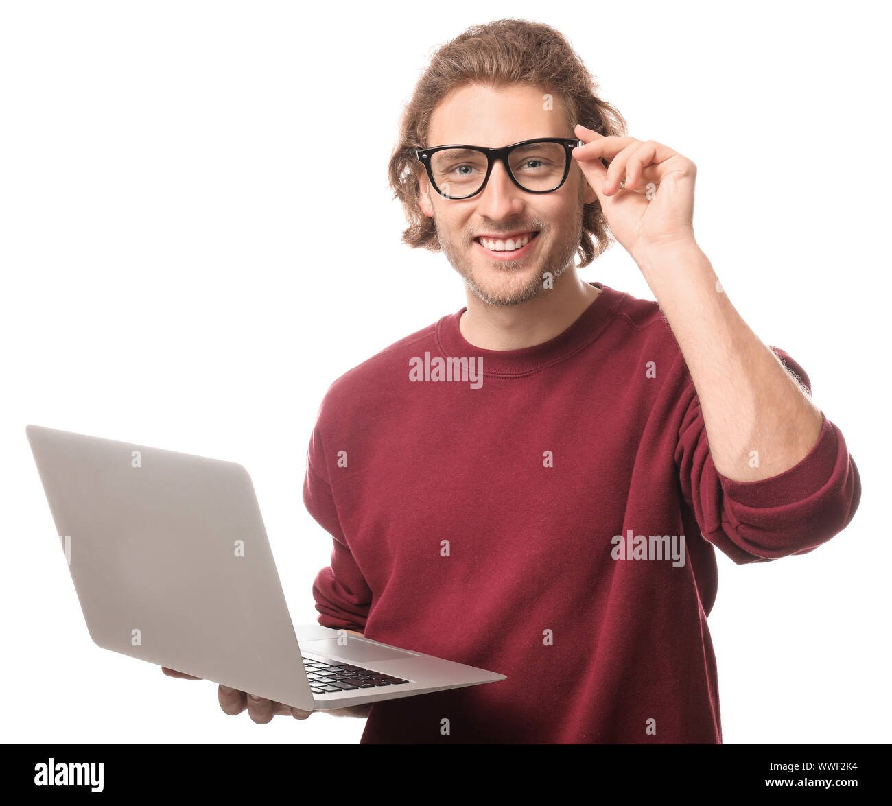 Male programmer with laptop on white background Stock Photo - Alamy