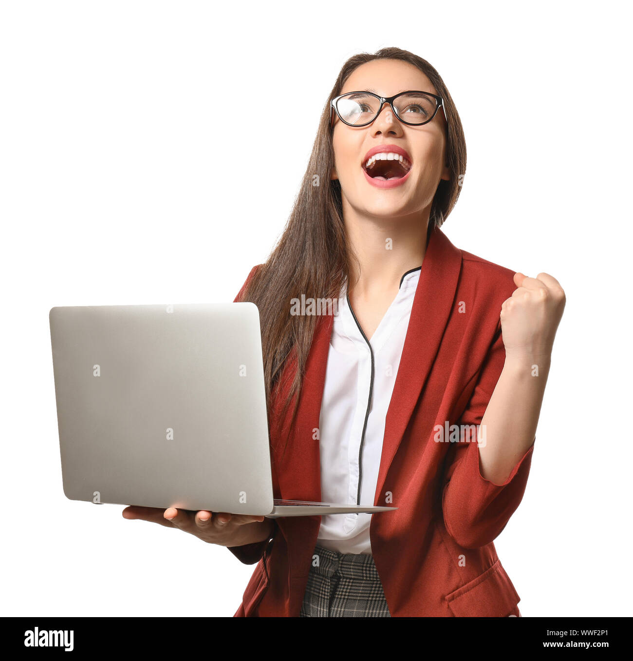 Happy female programmer with laptop on white background Stock Photo - Alamy