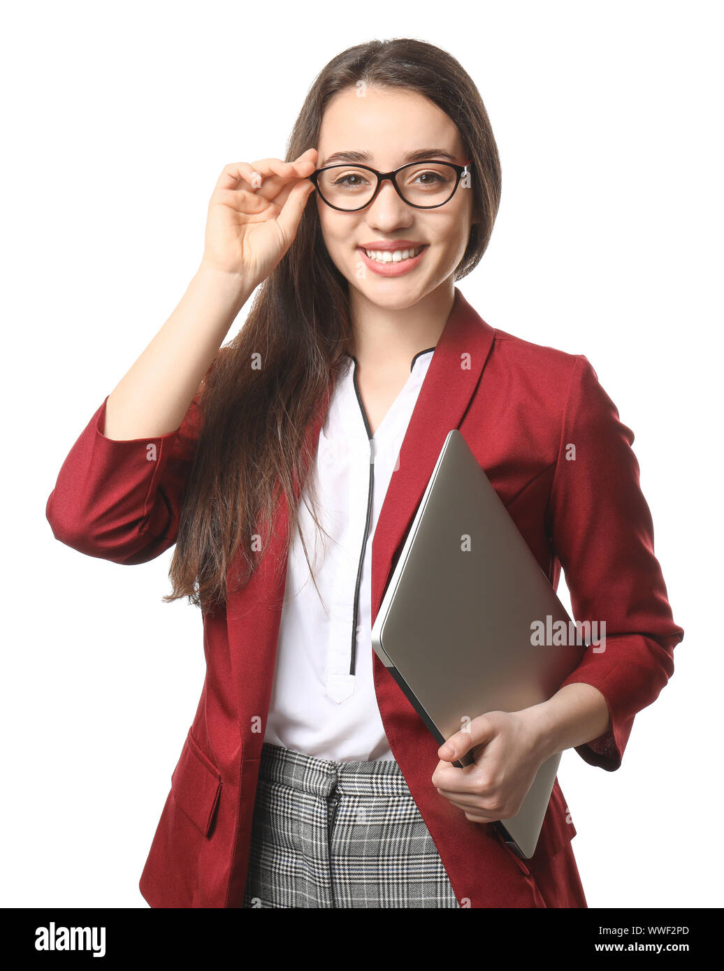 Young female programmer with laptop on white background Stock Photo - Alamy
