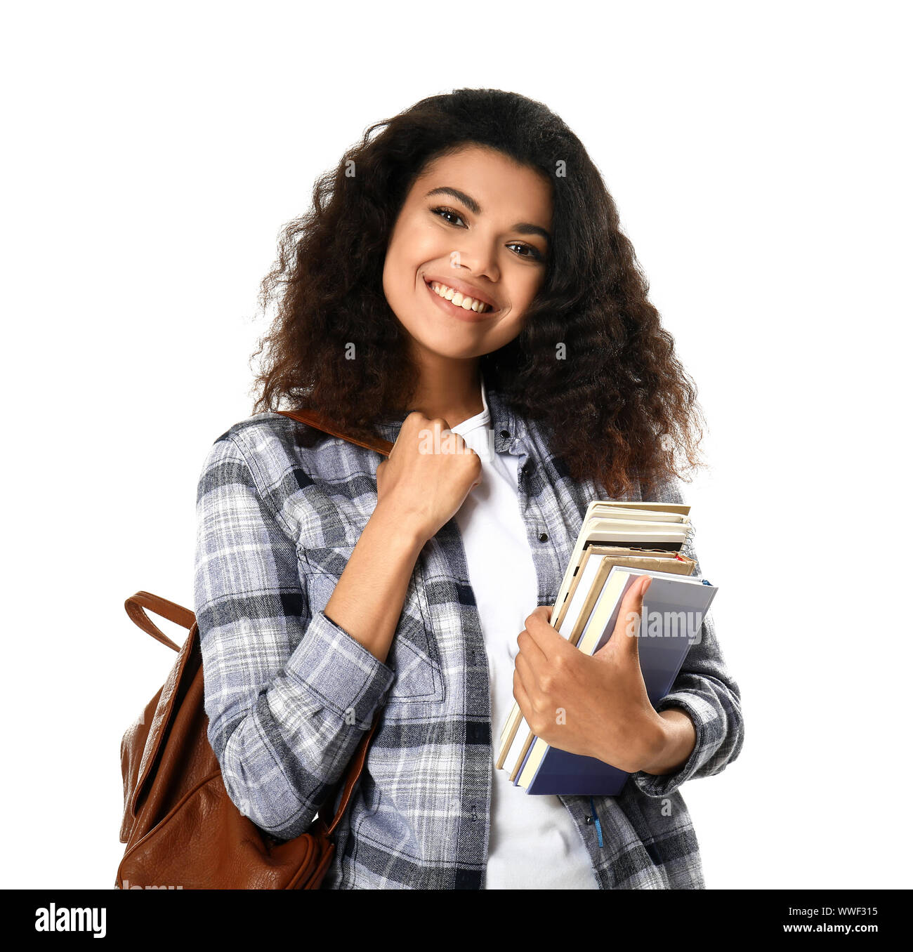 Portrait of cute African-American student on white background Stock ...