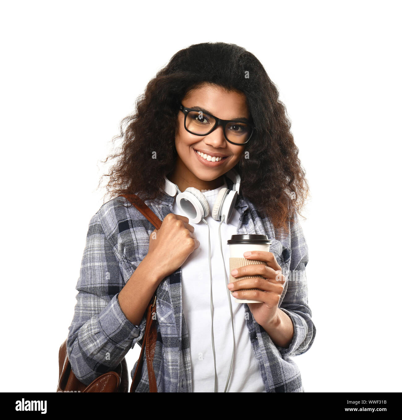 Portrait of cute African-American student on white background Stock ...
