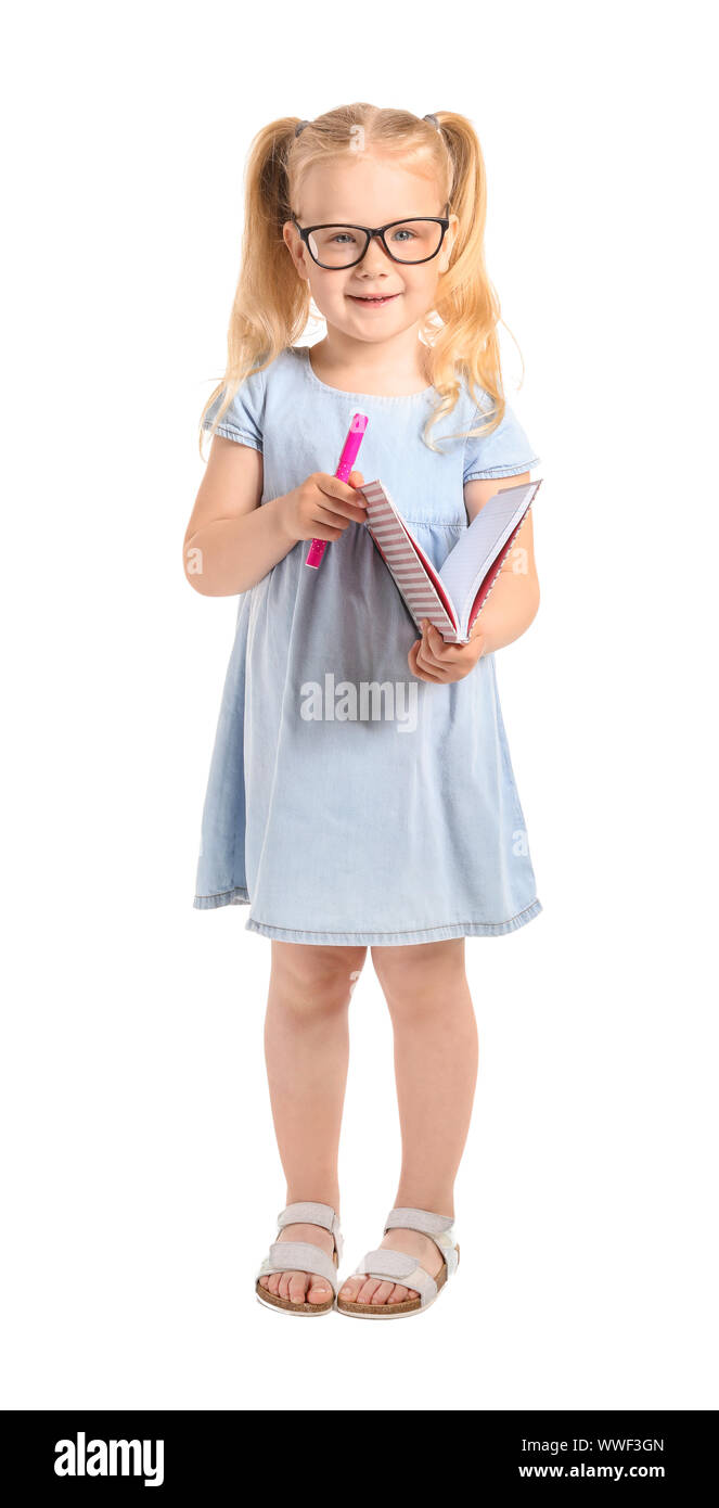 Portrait of smart little girl on white background Stock Photo - Alamy