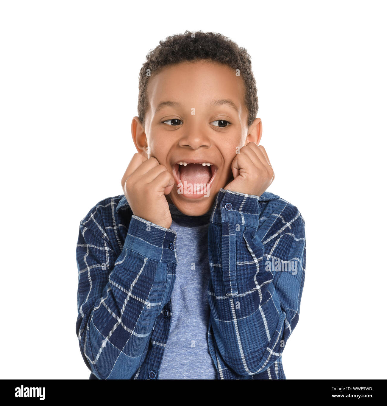 Happy African-American boy on white background Stock Photo - Alamy