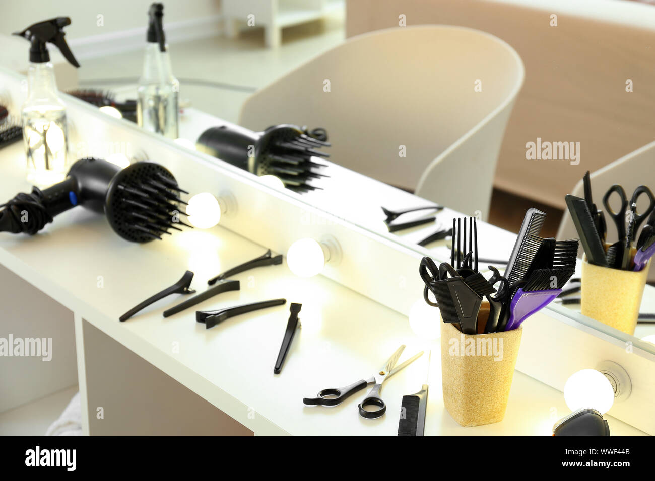 Hairdresser tools on table in beauty salon Stock Photo - Alamy