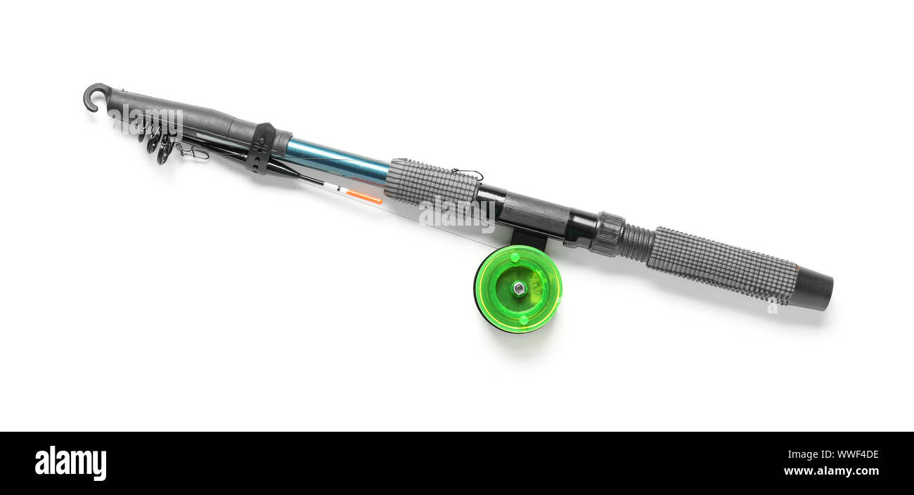 Modern fishing rod on white background Stock Photo - Alamy