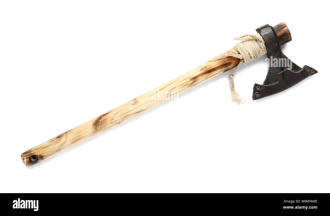 Handmade ax on white background Stock Photo - Alamy