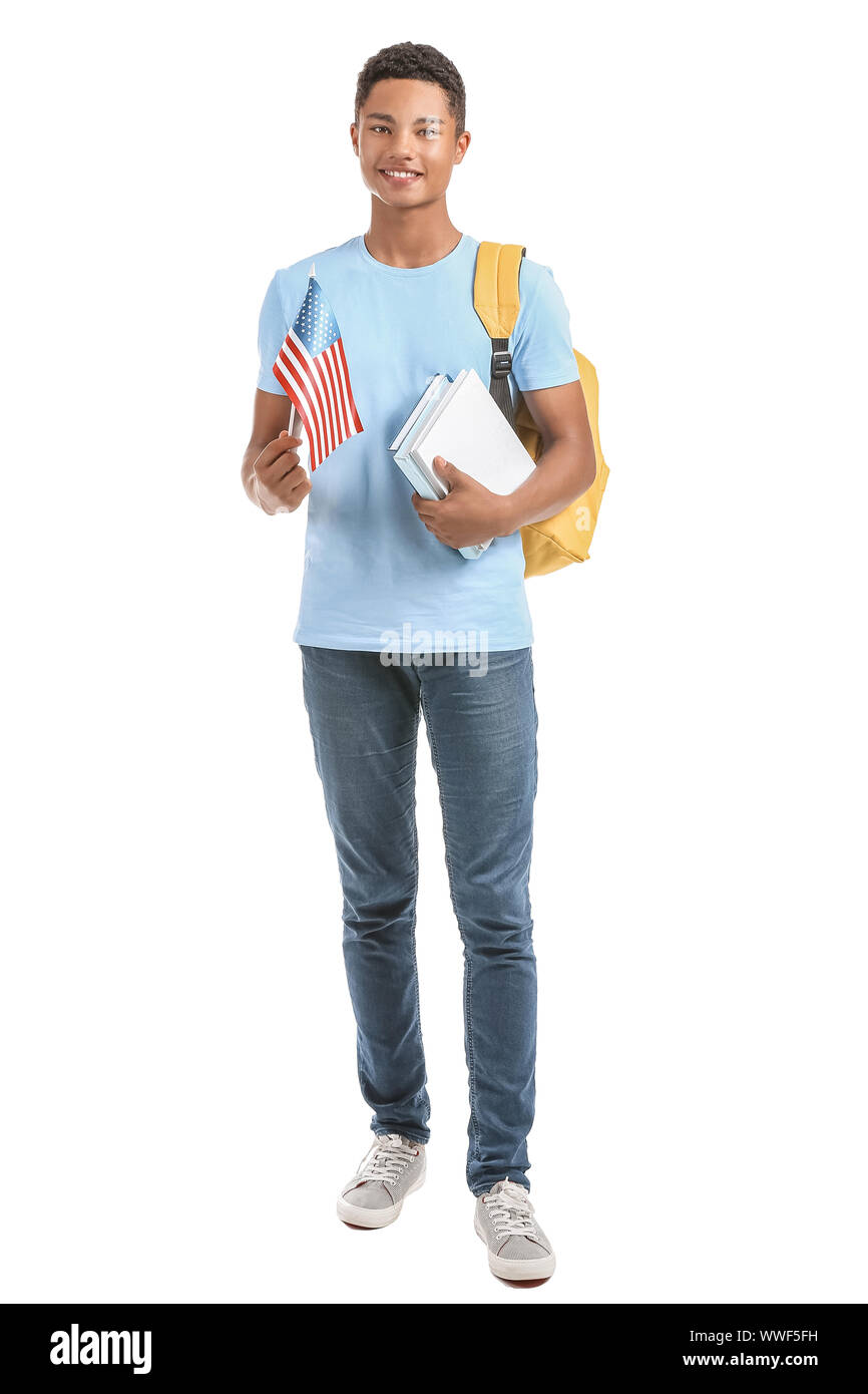 African-American student with USA flag on white background Stock Photo ...