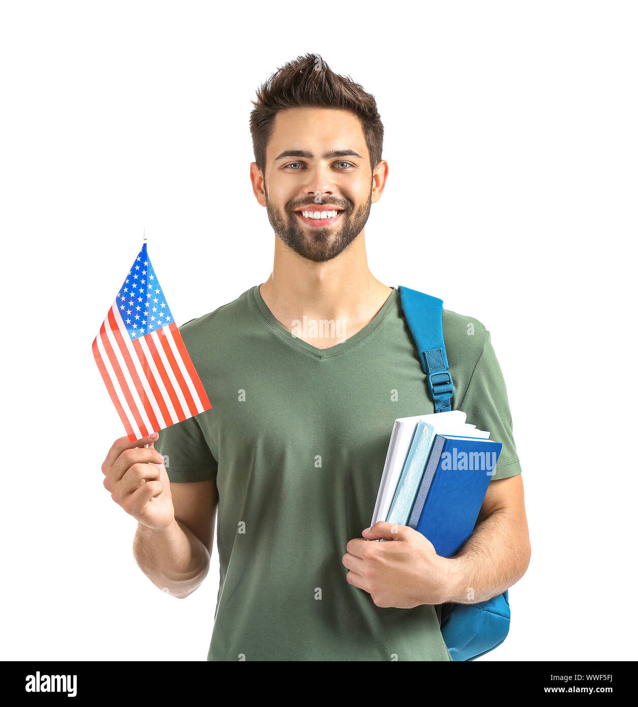 Male student with USA flag on white background Stock Photo - Alamy