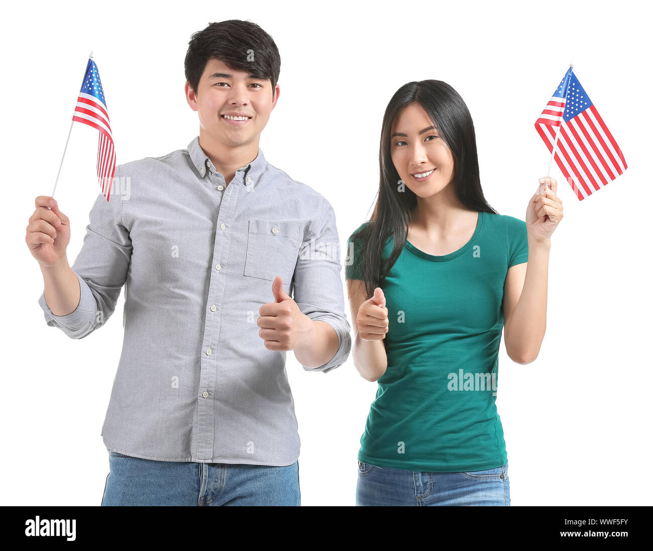 Asian students with USA flags on white background Stock Photo - Alamy