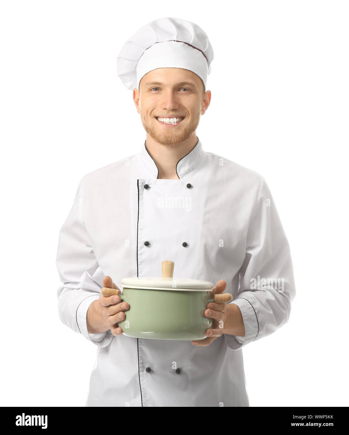 Handsome male chef with soup on white background Stock Photo - Alamy