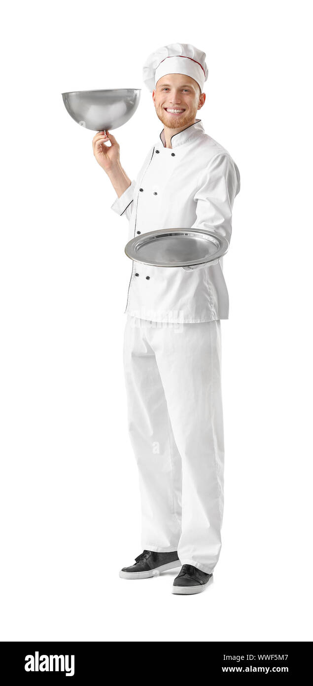 Handsome male chef with tray and cloche on white background Stock Photo ...