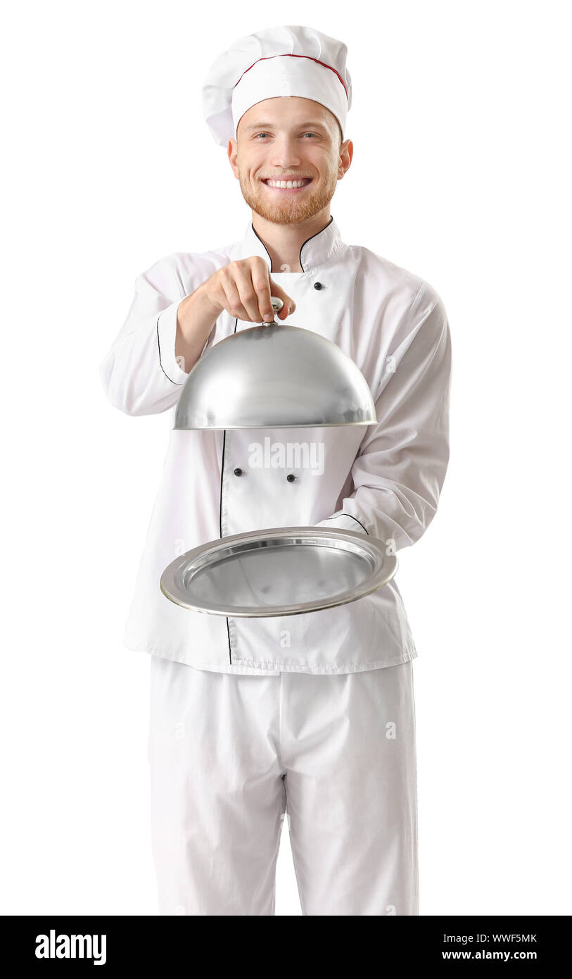 Handsome male chef with tray and cloche on white background Stock Photo ...