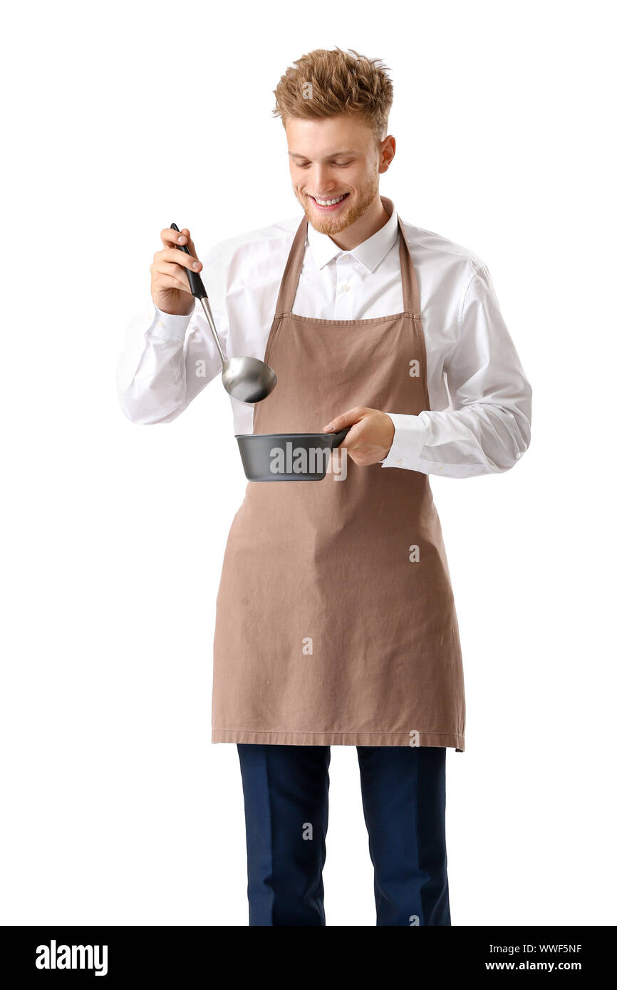 Handsome male chef with sauce on white background Stock Photo - Alamy