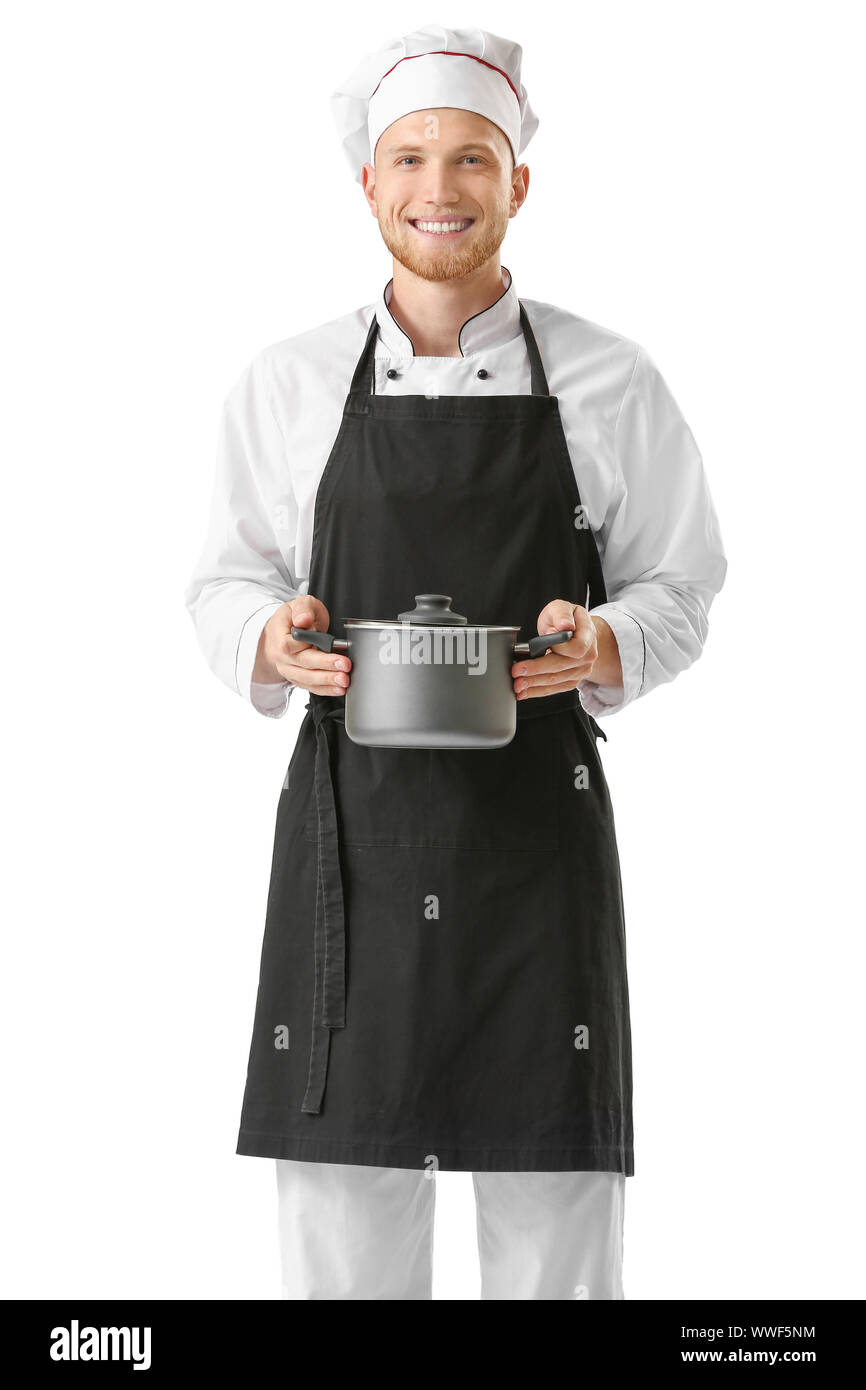 Handsome male chef with soup on white background Stock Photo - Alamy